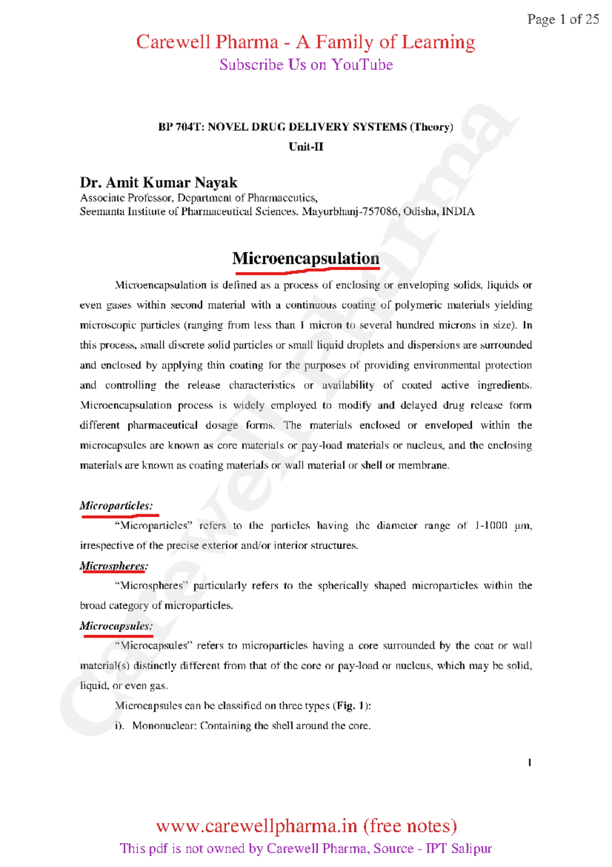 Unit 2 edited. NDDS - read carefully - BP 704T: NOVEL DRUG DELIVERY SYSTEMS (Theory) Unit-II Dr ...