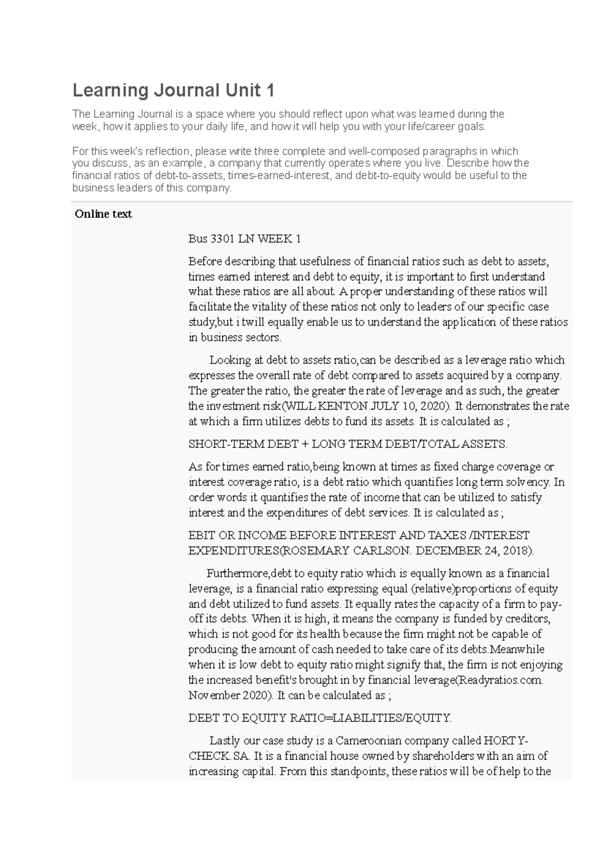 Learning Journal Unit 1 BUS 3301 WK 1 - Learning Journal Unit 1 The ...