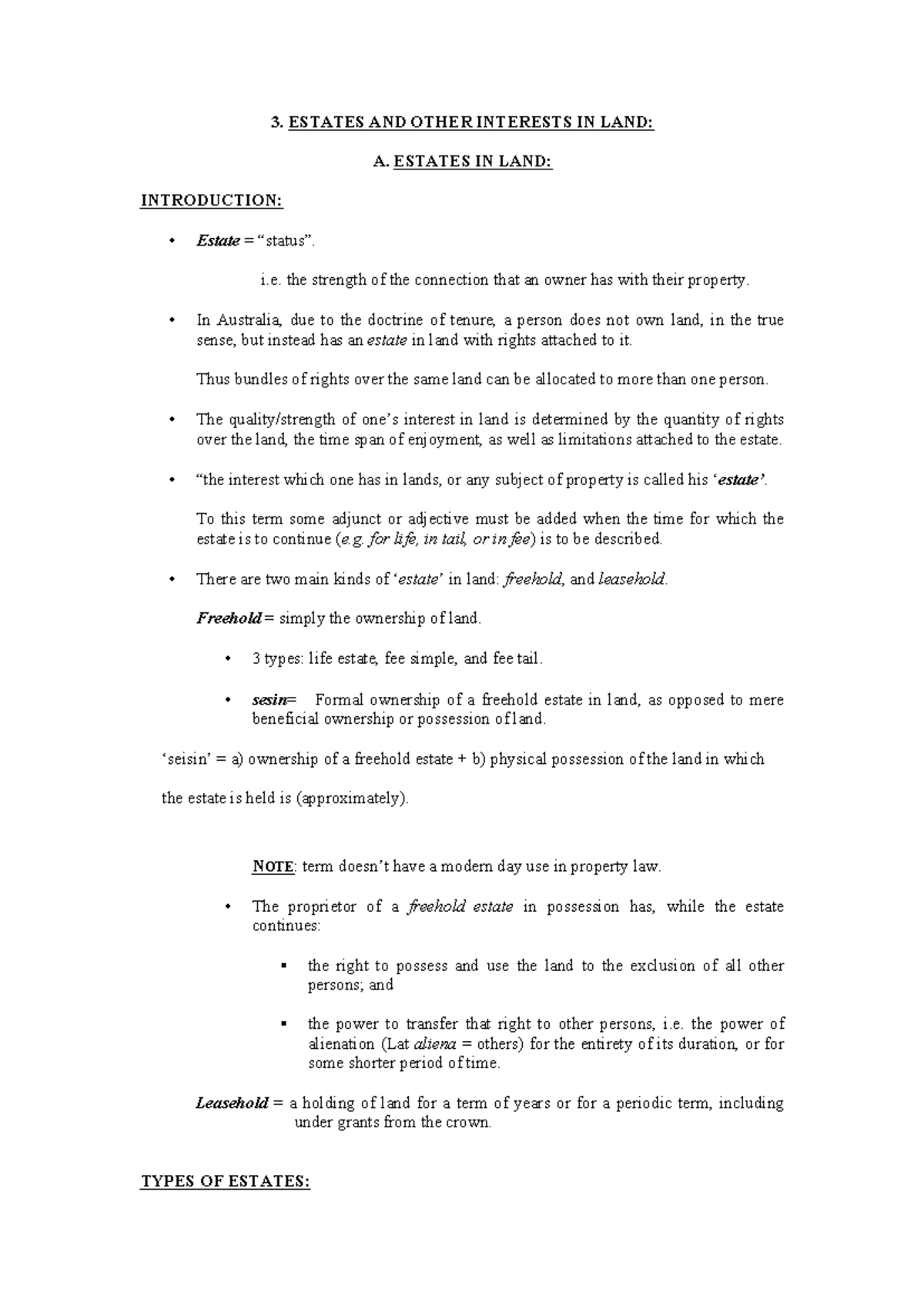 Notes 2 - Summary Property Law - 3. ESTATES AND OTHER INTERESTS IN LAND ...