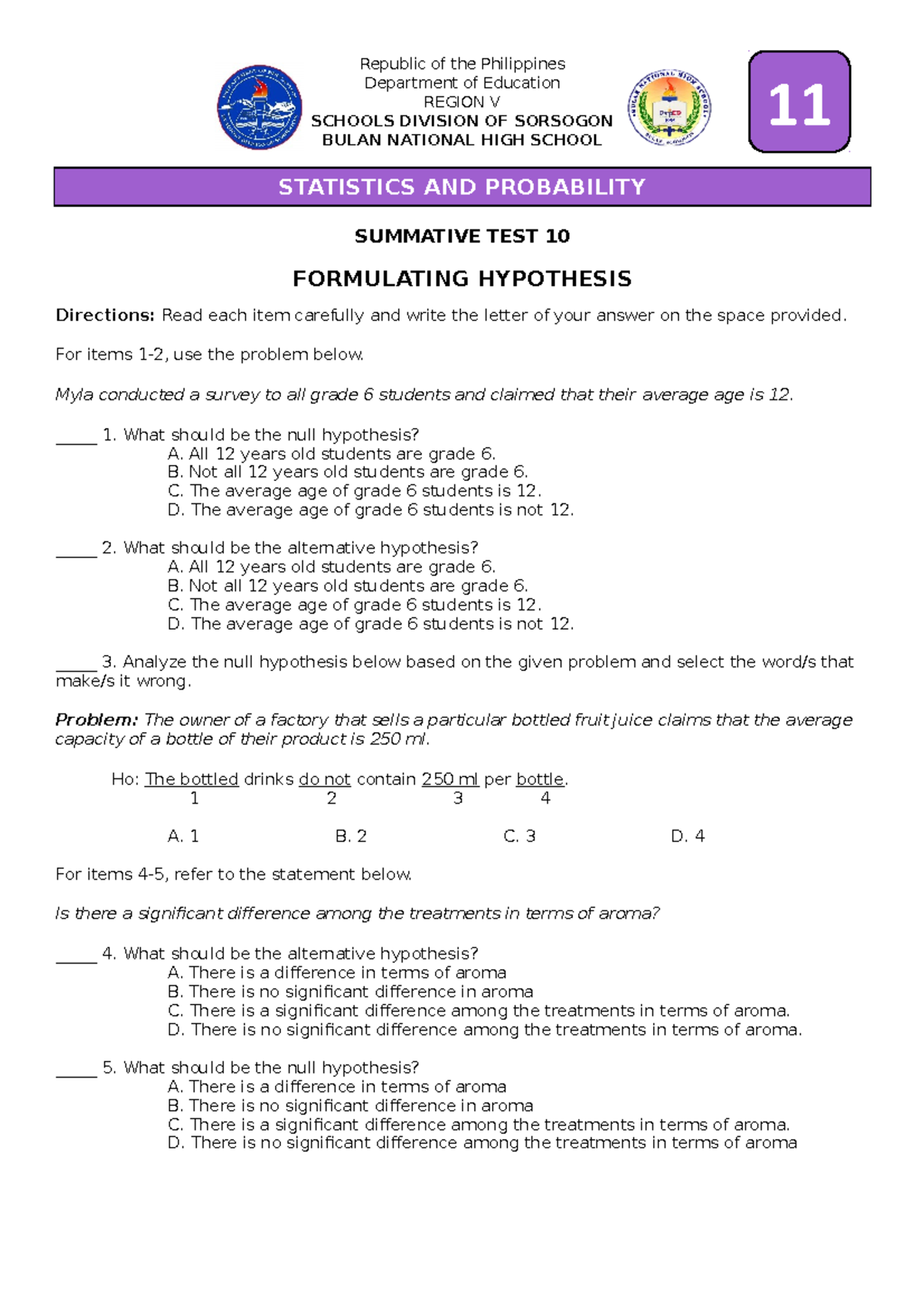 LAS-10 STAT PROB Formulating- Hypothesis - Republic of the Philippines ...