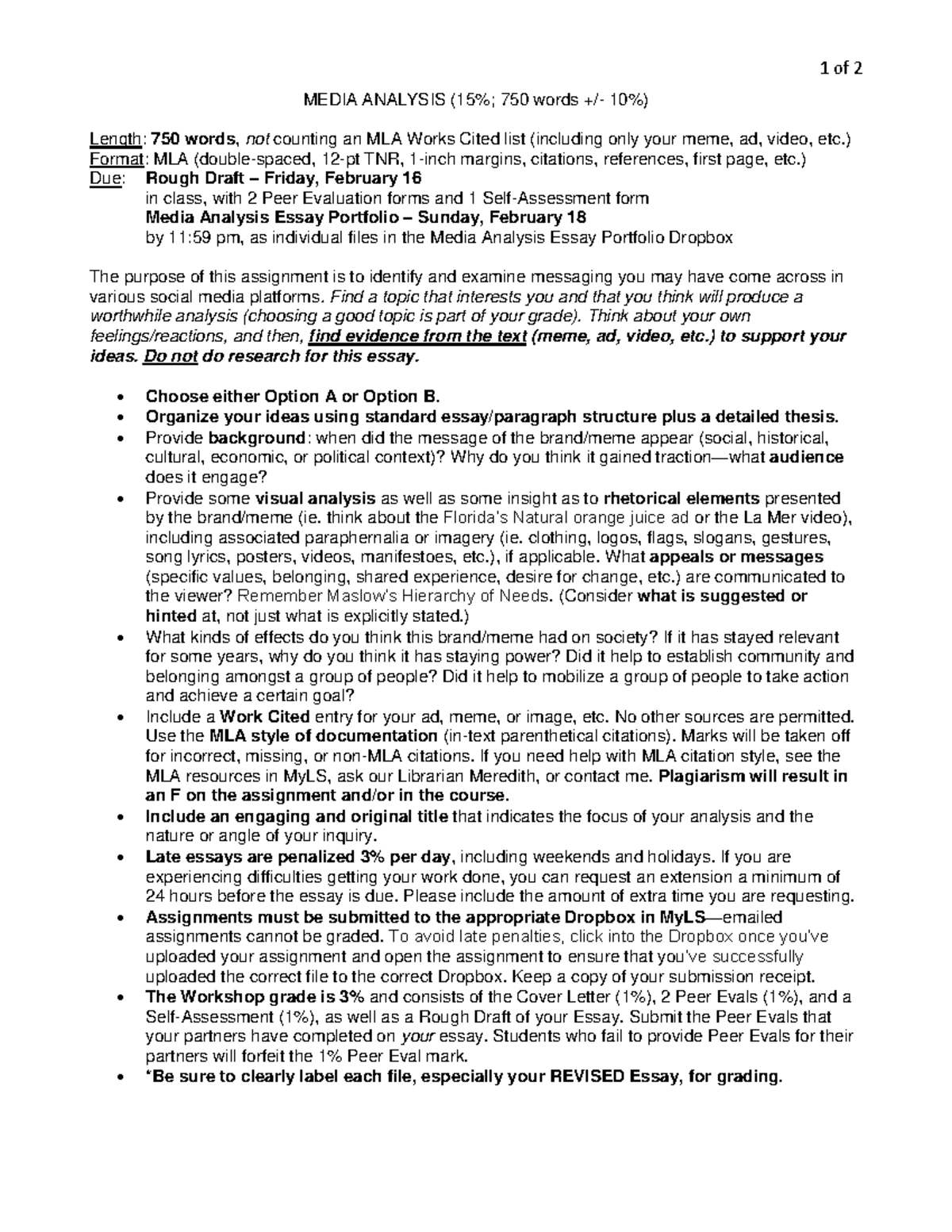 Media Analysis Essay - Guidelines, W24 - 1 of 2 MEDIA ANALYSIS (15% ...
