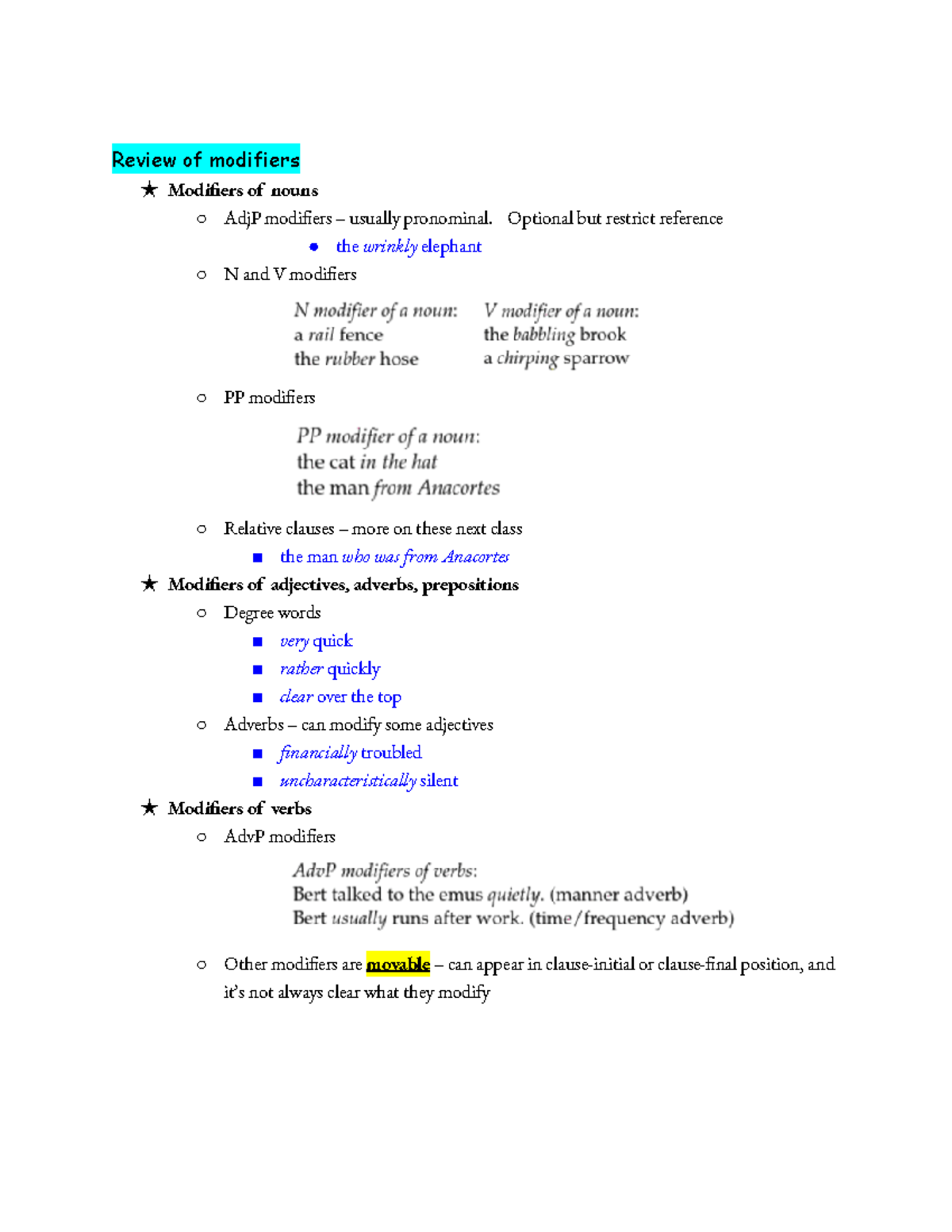 ENG3220 Q4 P2 - Notes for quiz 4 - Review of modifiers ★ Modiers of ...