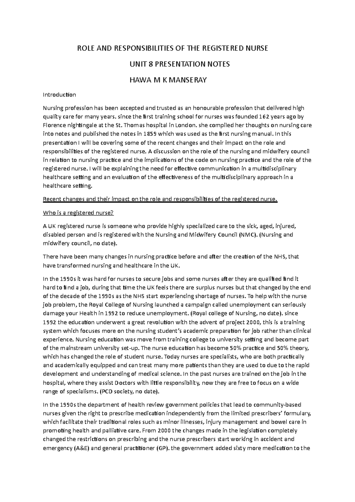 Unit 8 presentation note - ROLE AND RESPONSIBILITIES OF THE REGISTERED ...
