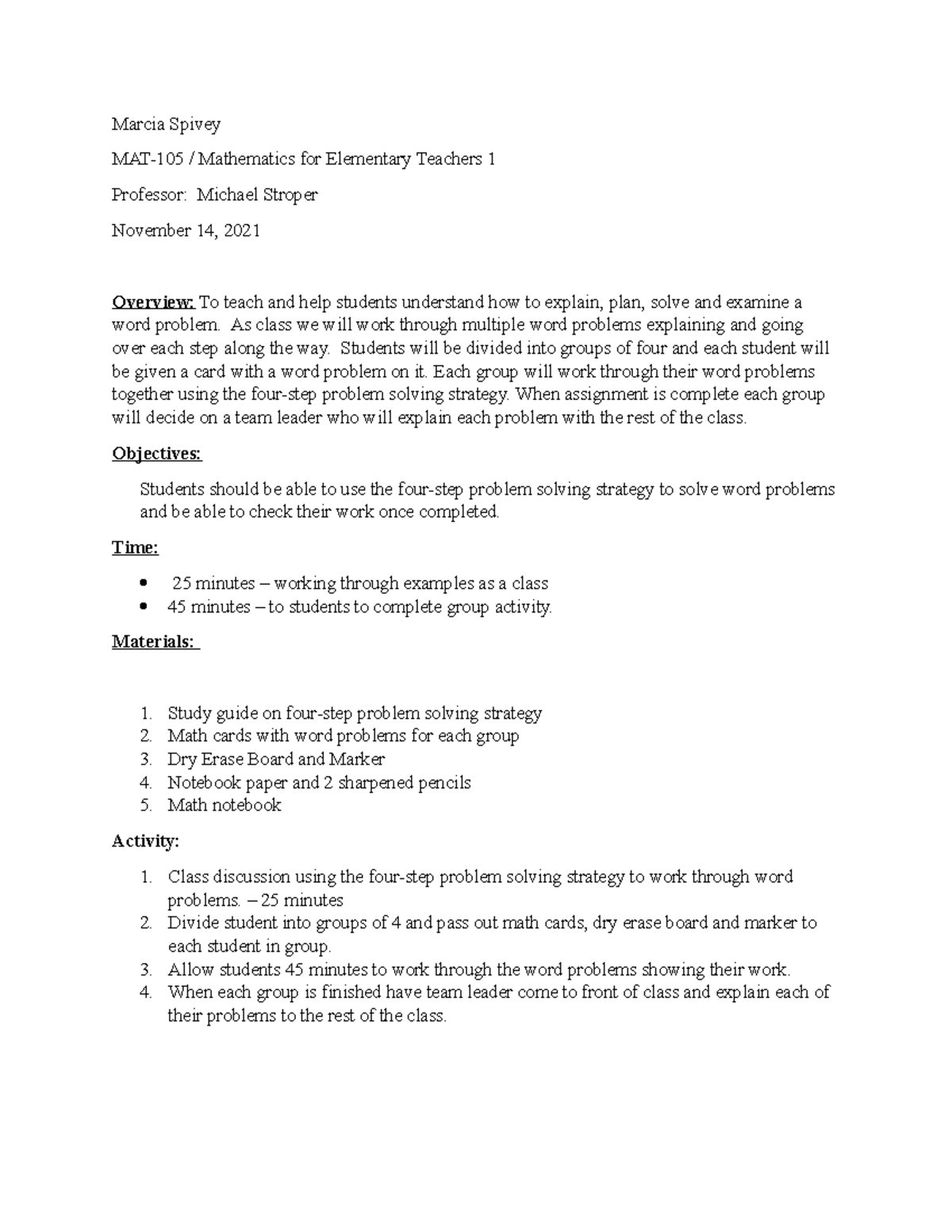 Lesson Plan #1 - Marcia Spivey MAT-105 / Mathematics for Elementary ...