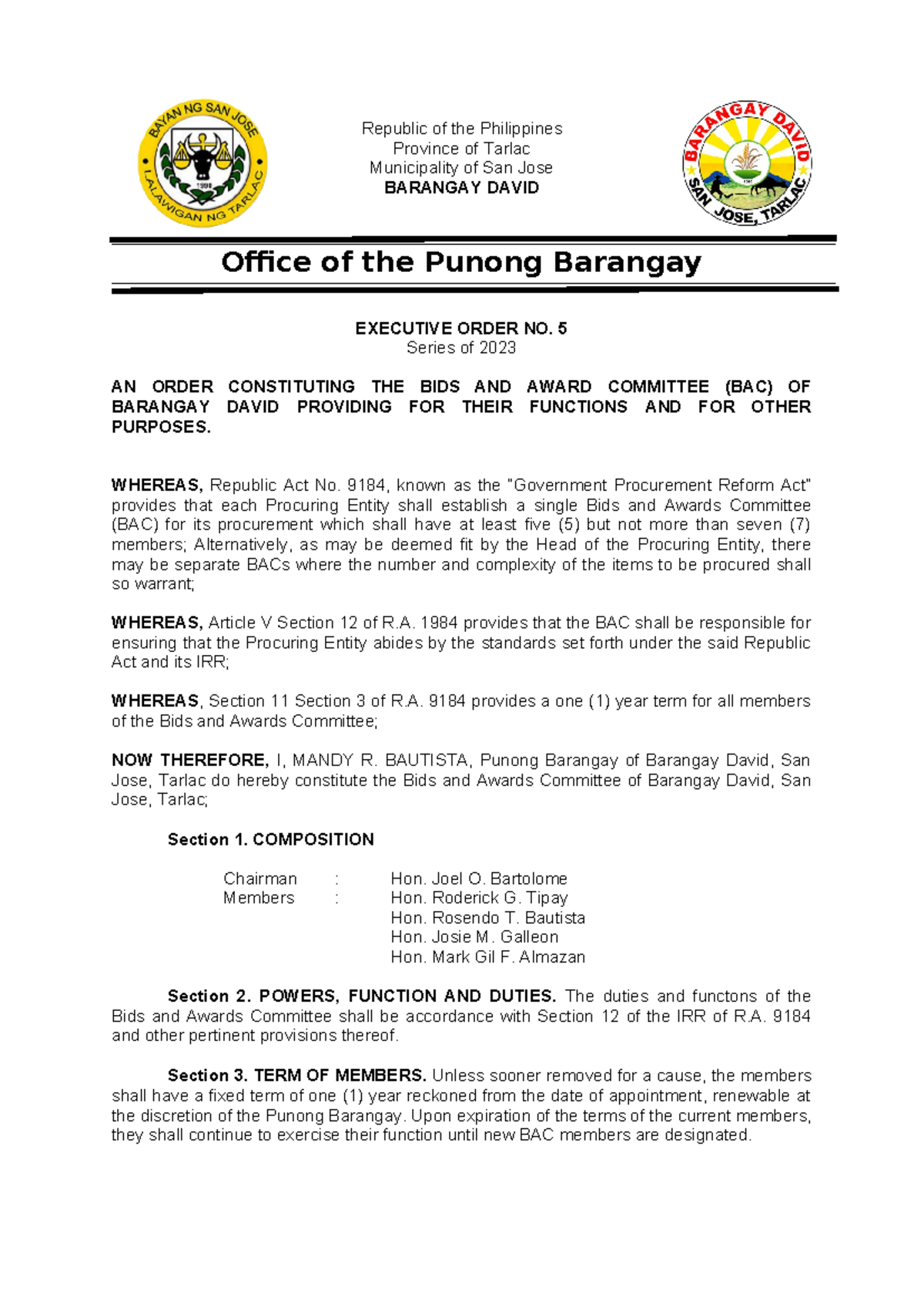 Executive order BAC 2023 - Republic of the Philippines Province of ...