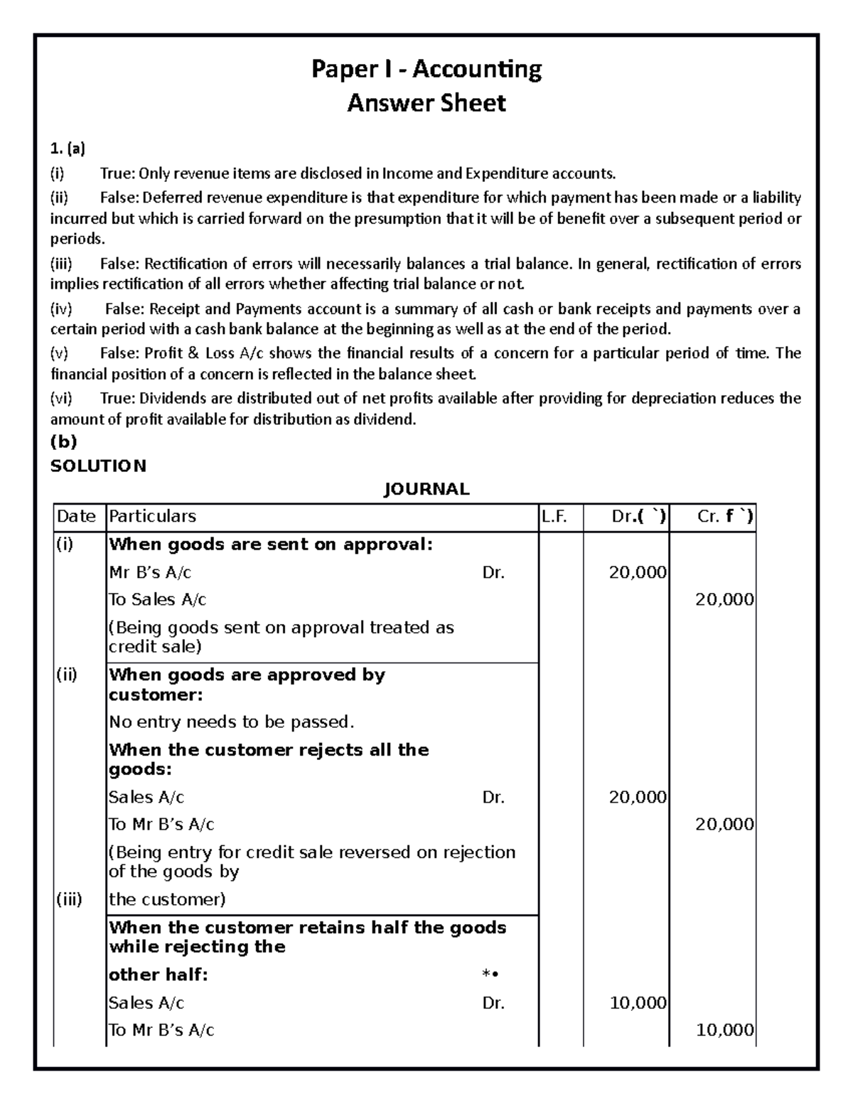 Accounts Mock Test Paper 1 Answers - Paper I - Accounting Answer Sheet ...
