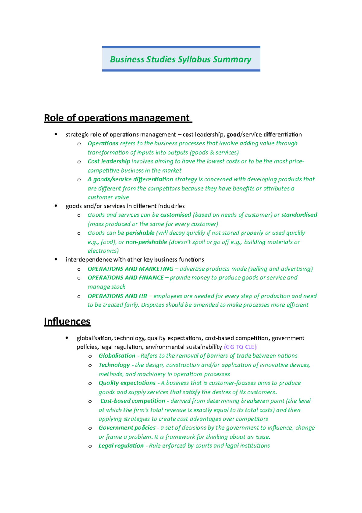 Business Syllabus Summary - Role of operations management strategic ...