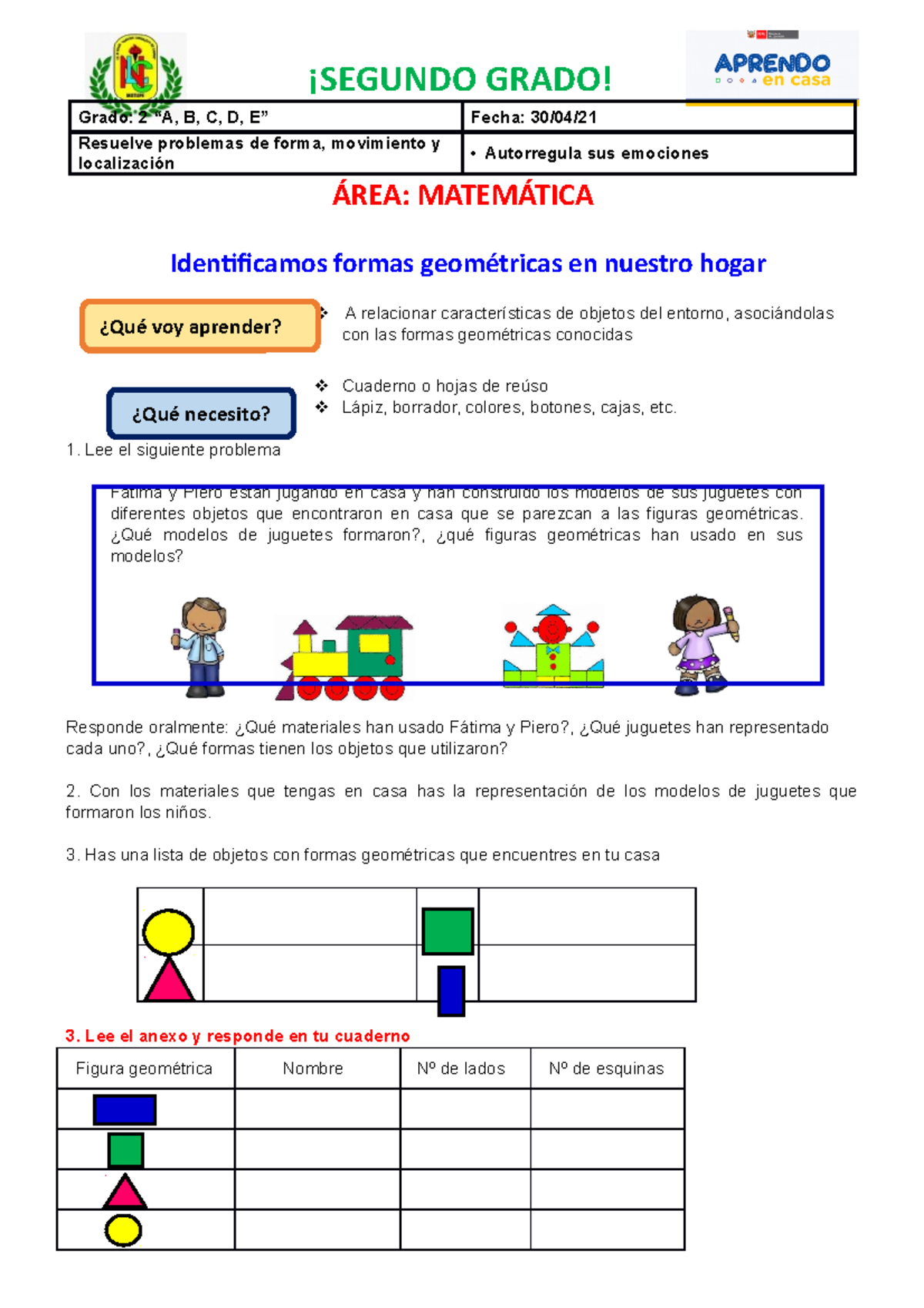 5 Formas geométricas - ficha practica - ¡SEGUNDO GRADO! Grado: 2 “A, B ...