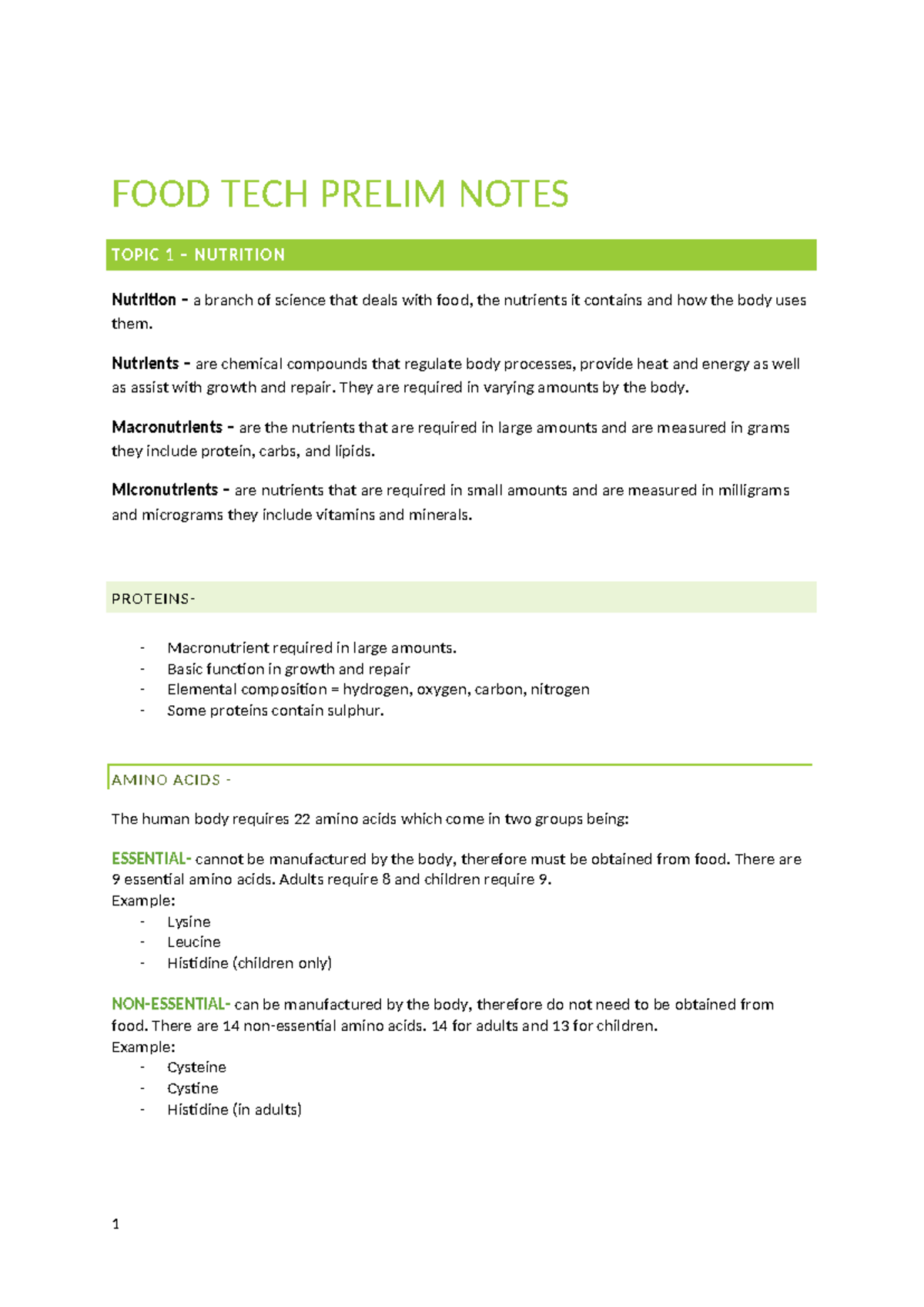 FOOD-TECH Prelim - FOOD TECH PRELIM NOTES TOPIC 1 – NUTRITION Nutrition ...