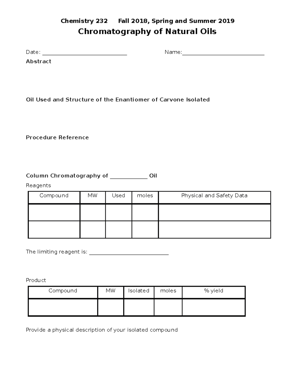 232 Chromatography template Fall 2018 - Chemistry 232 Fall 2018, Spring ...