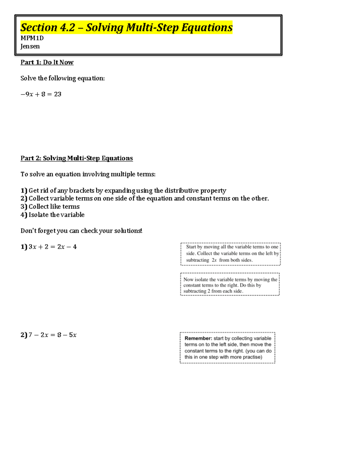 4 - Algebra multistage equation - Section 4 – Solving Multi-­‐Step ...
