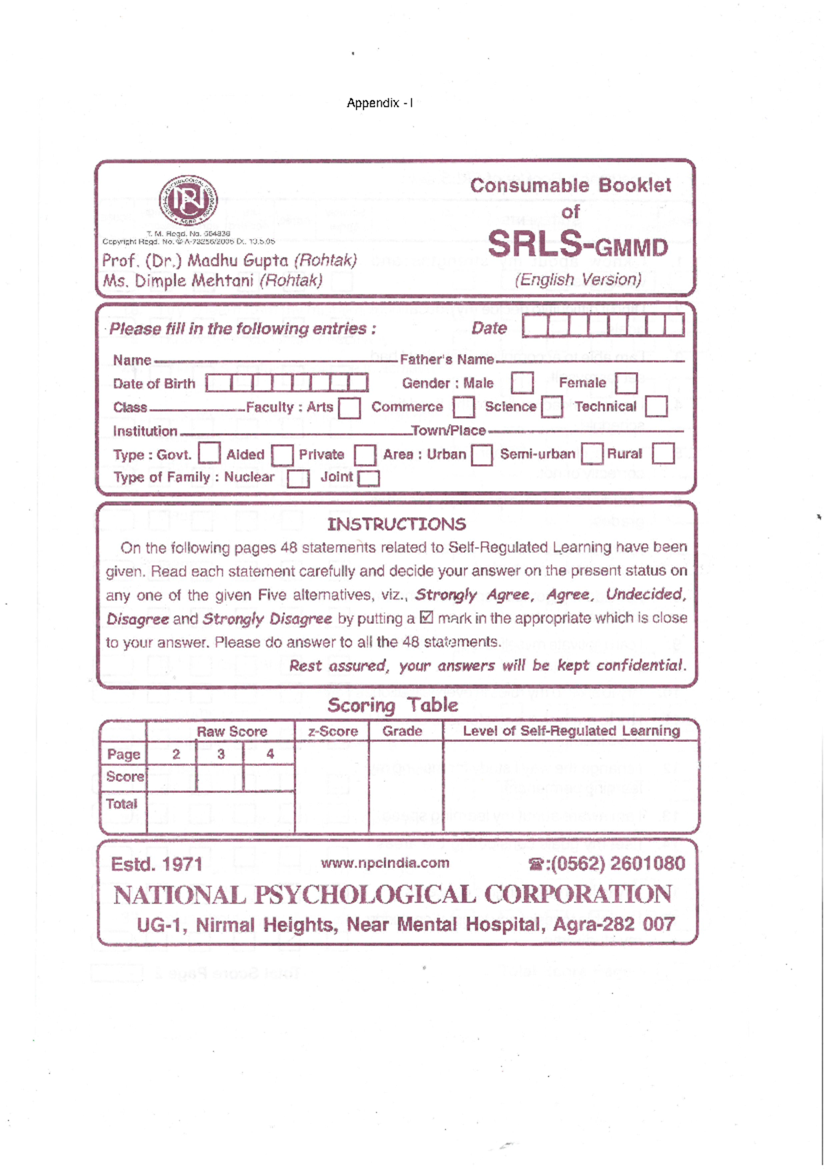 Self regulated Learning Scale - Appendix - II MOTIVATIONAL BELIEFS ...