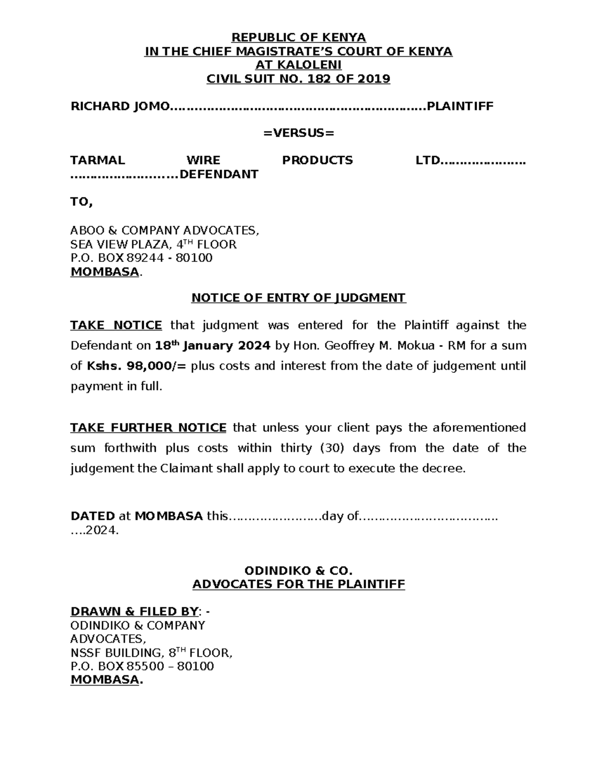 Richard Final - REPUBLIC OF KENYA IN THE CHIEF MAGISTRATE’S COURT OF ...