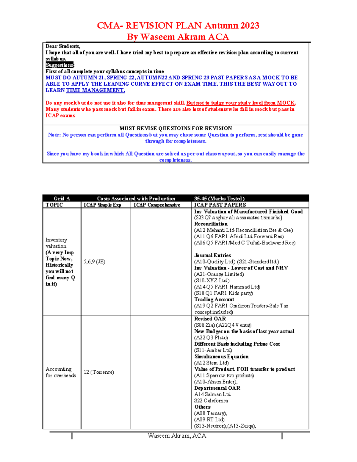 Revision plan-CMA Autumn 2023-by Waseem Akram ACA-pdf - By Waseem Akram ACA Dear Students, I ...