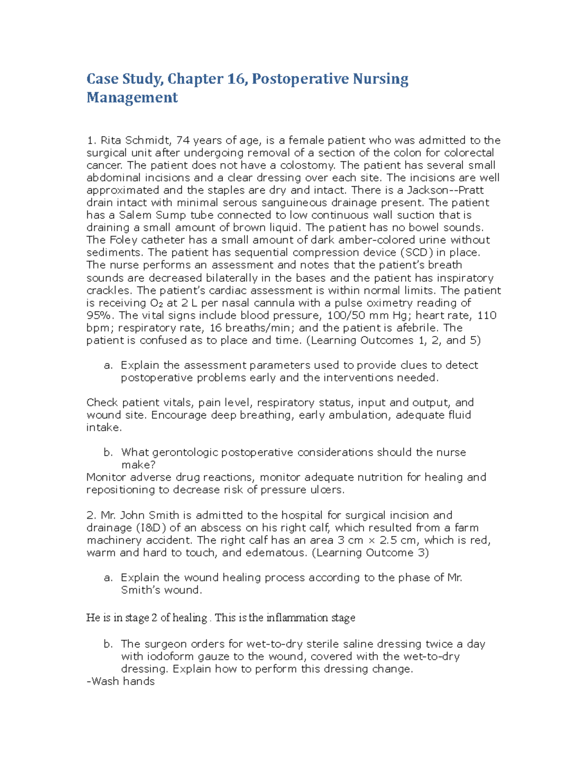 Chapter 16 Case Study Question - Case Study, Chapter 16, Postoperative Nursing Management 1 ...