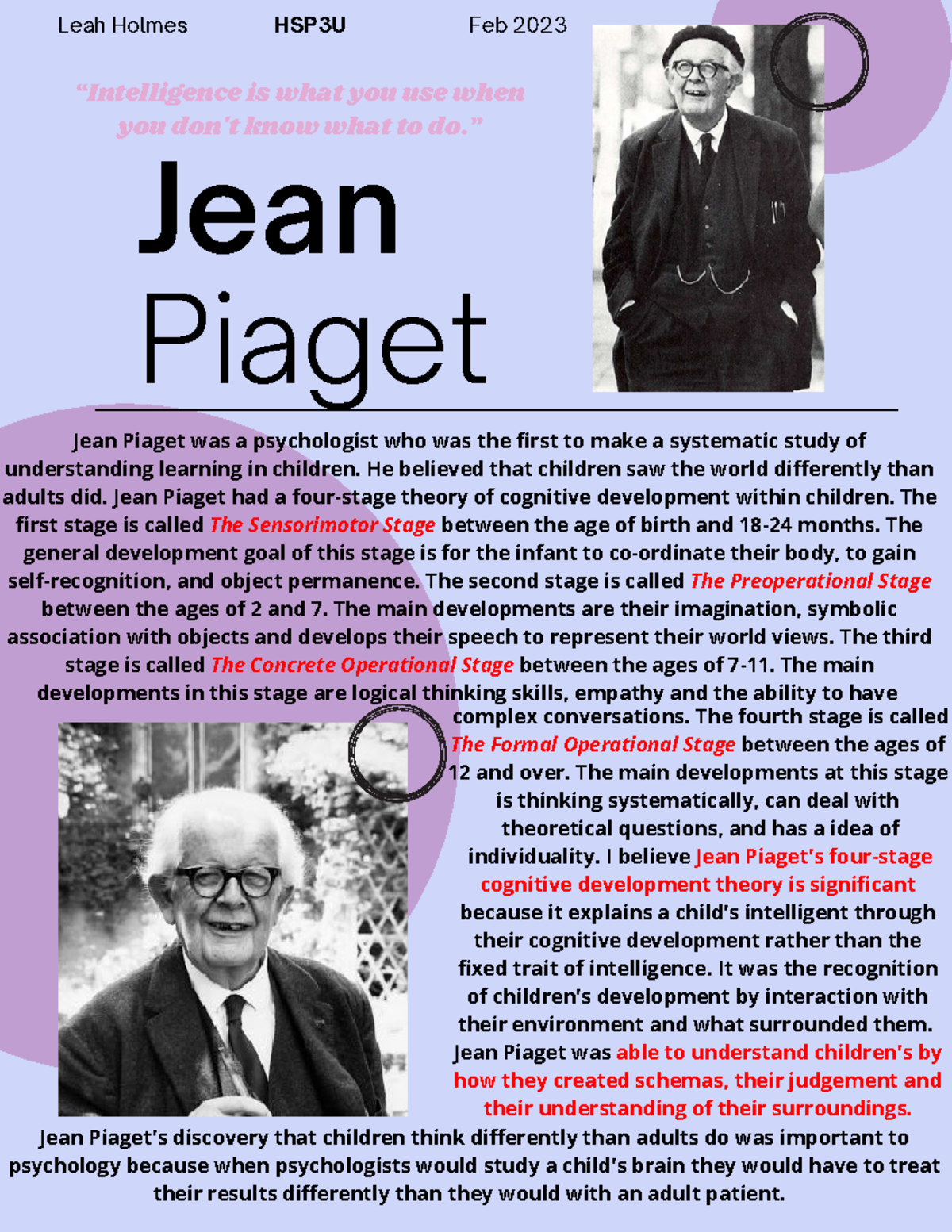 Jean Piaget - HSP3U - one sheet assignment - mckinnon park mr lafrance ...