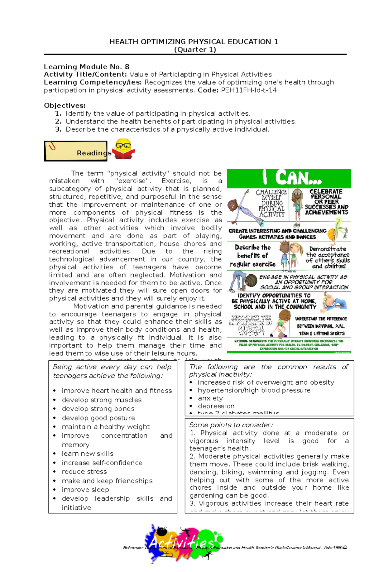 HOPE 1 Module 8 - Just summaries. - HEALTH OPTIMIZING PHYSICAL EDUCATION 1 (Quarter 1) Learning ...