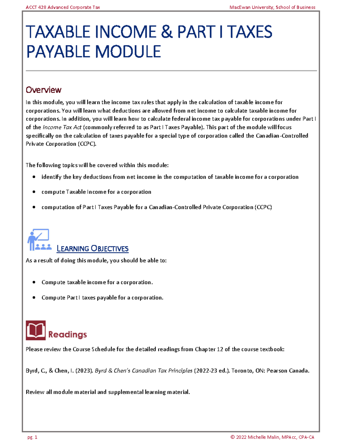 Ch 5 notes - its for practice - TAXABLE INCOME & PART I TAXES PAYABLE ...