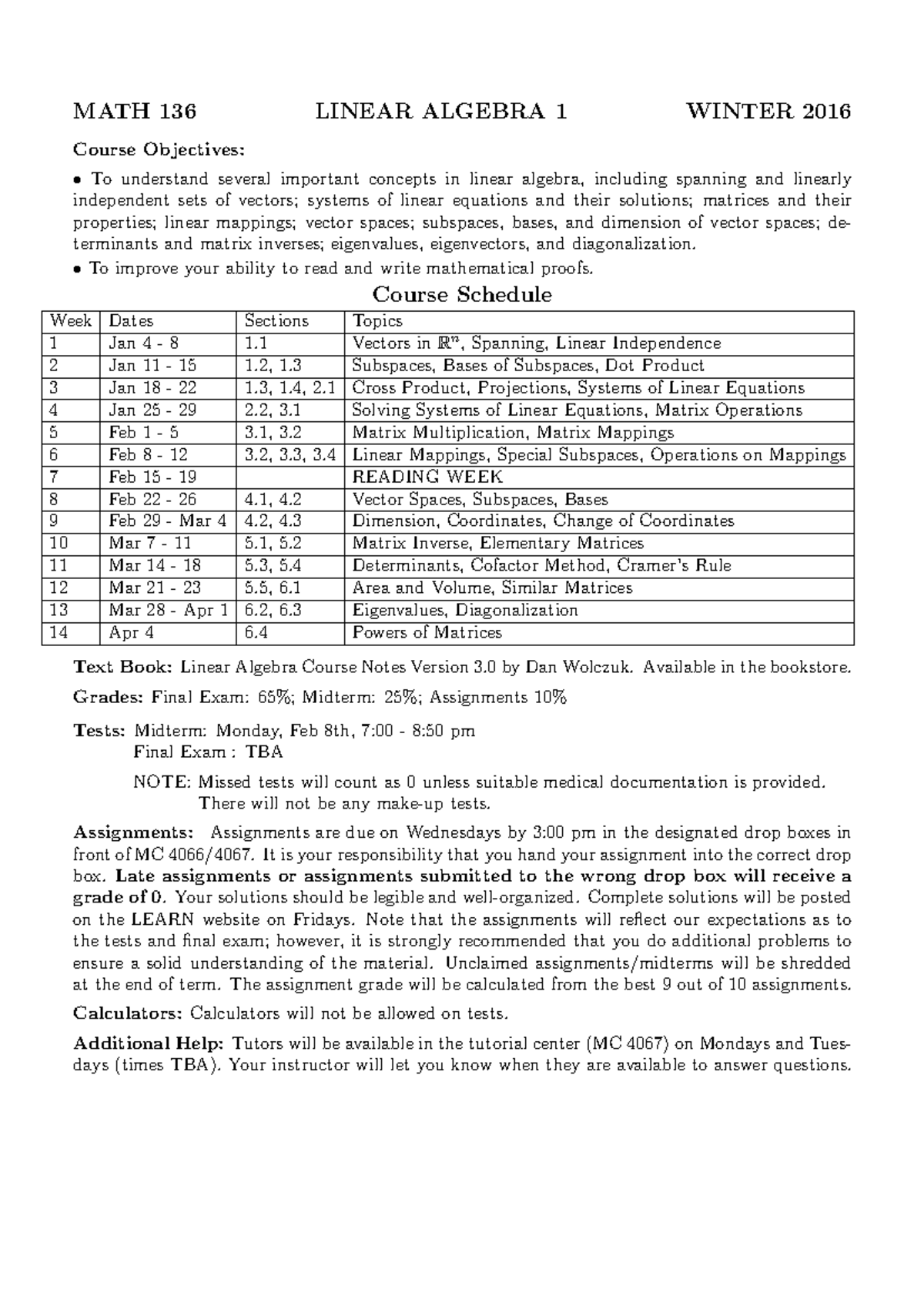 136 course outline w16 - Summary Algebra - MATH 136 LINEAR ALGEBRA 1 ...