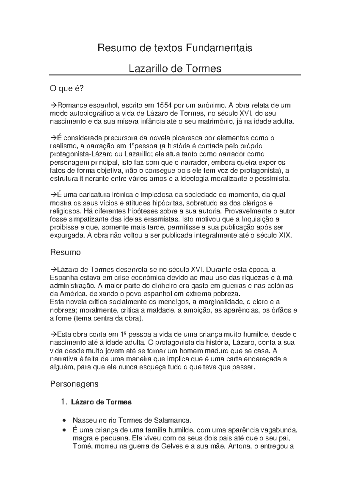 Resumo de textos Fundamentais - Resumo de textos Fundamentais Lazarillo ...