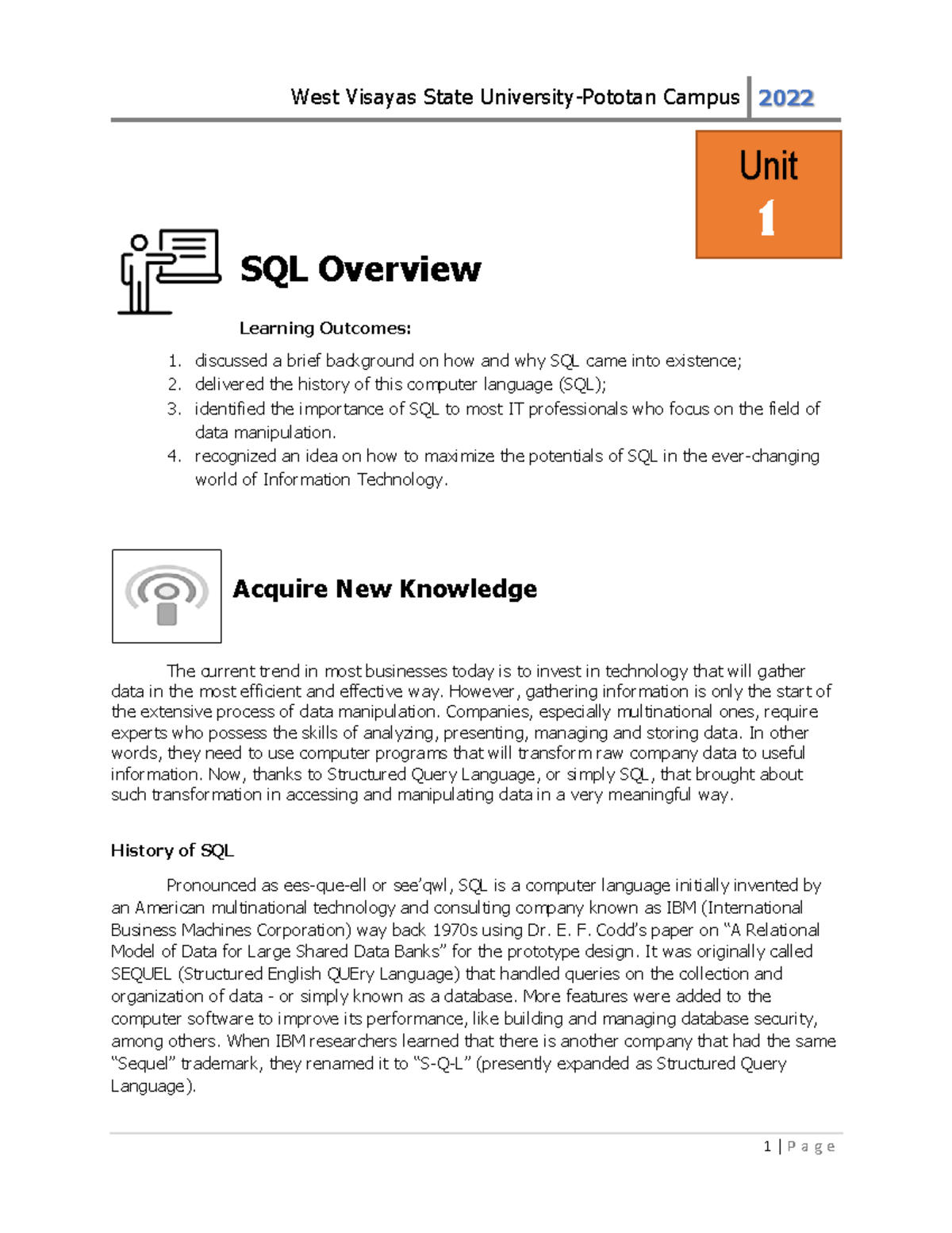 Chapter 1 SQL Overview - Thanks - West Visayas State University-Pototan ...