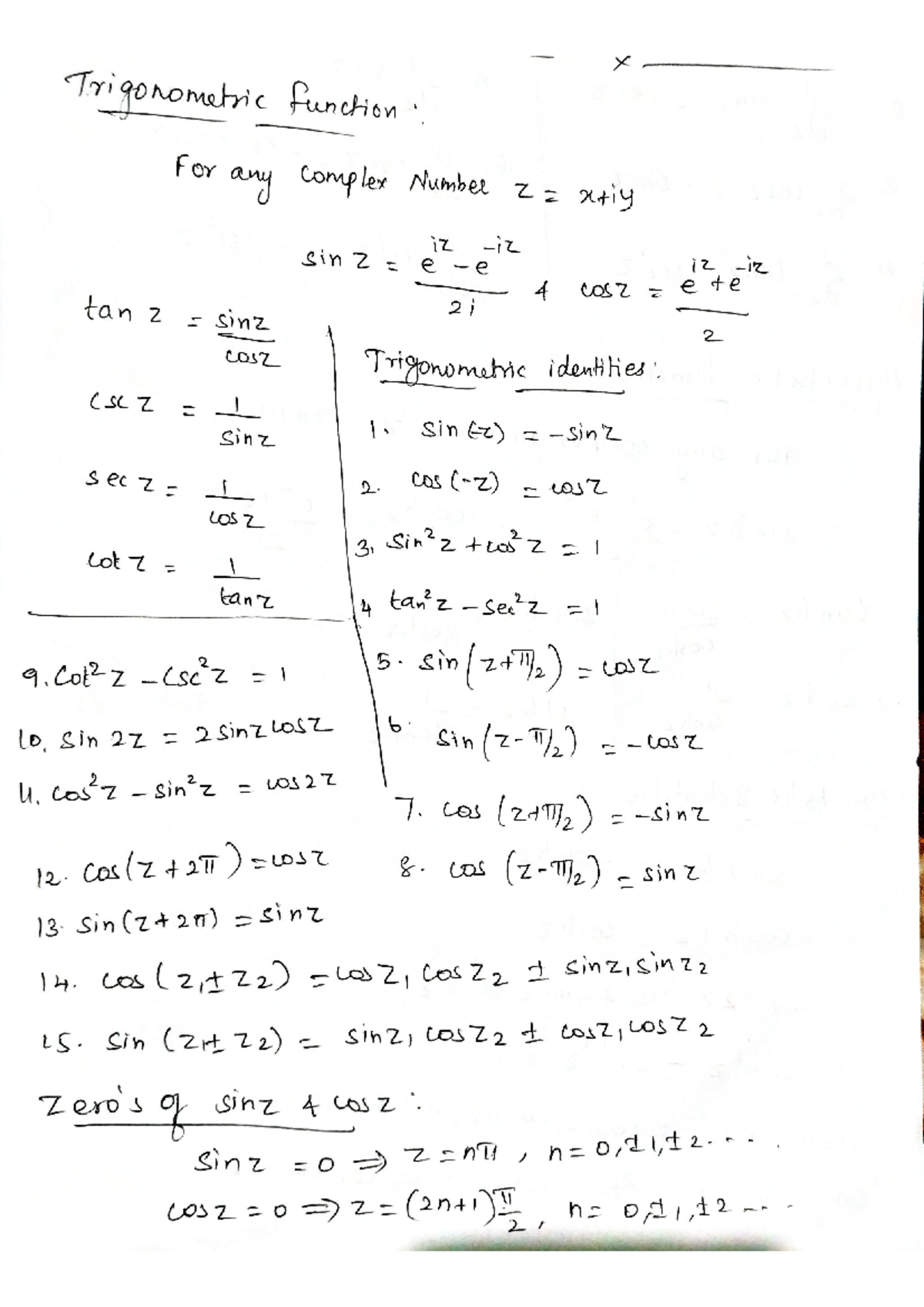 Trigonometric and hyperbolic functions - 1 x Trigonometric function For ...