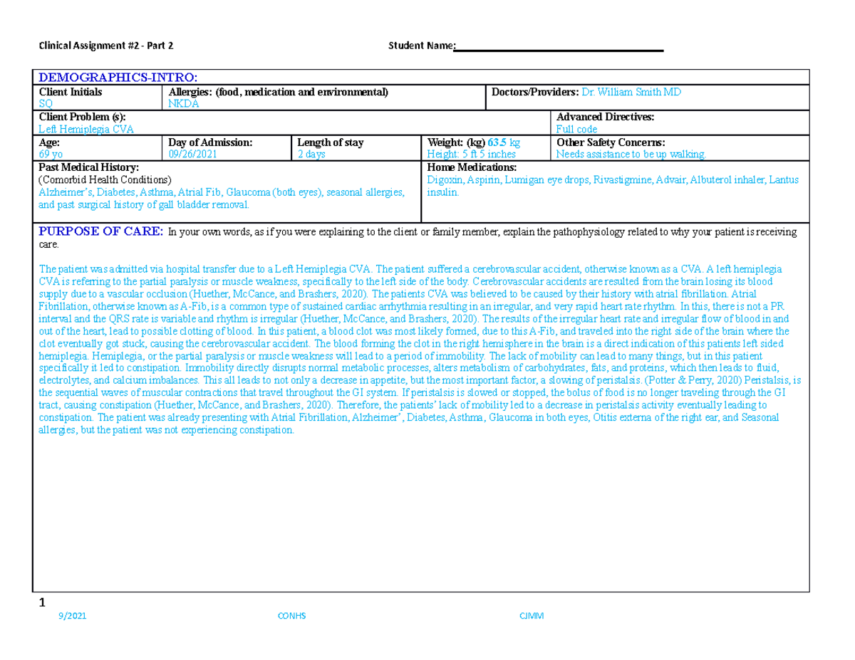 Clinical Assignment #1 Part 2 - DEMOGRAPHICS-INTRO: Client Initials SQ ...