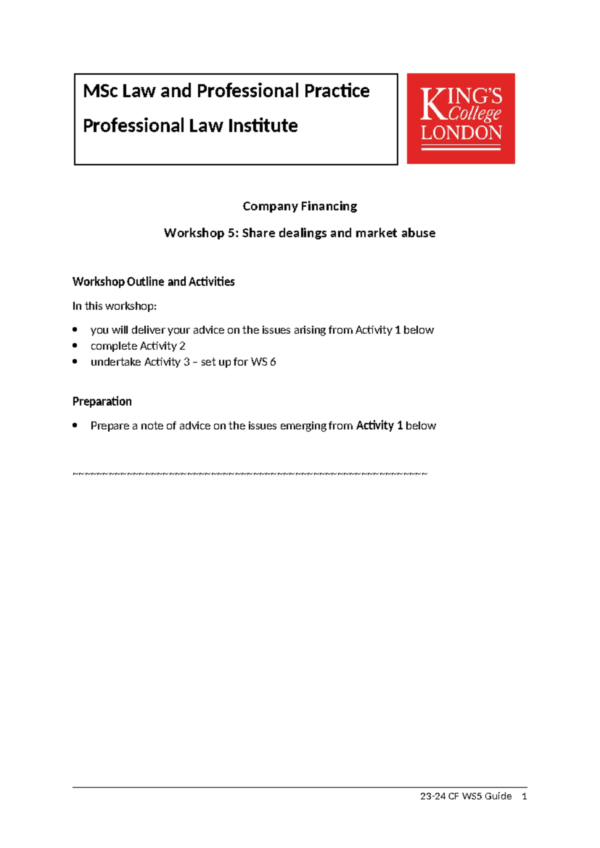 CF WS5 Notes - Company Financing Workshop 5: Share dealings and market ...
