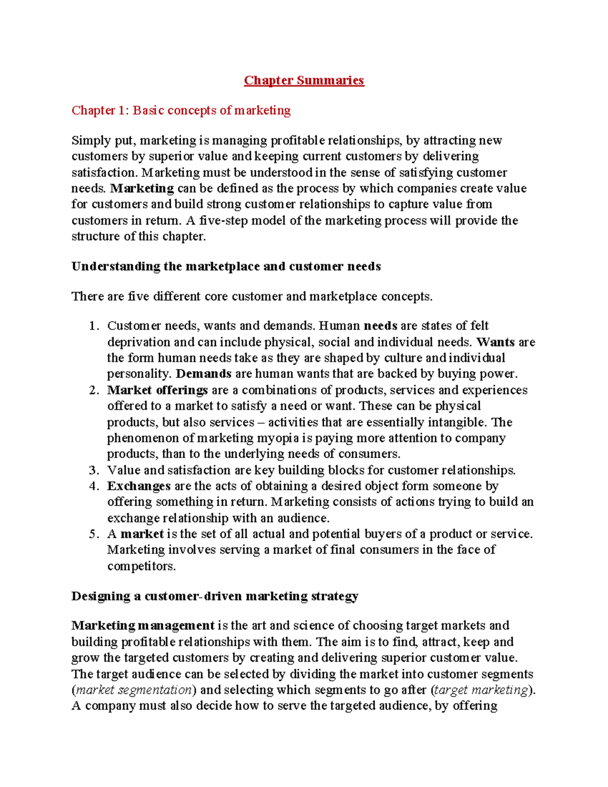 Summary 1-20 - Marketing - Chapter Summaries Chapter 1: Basic concepts ...