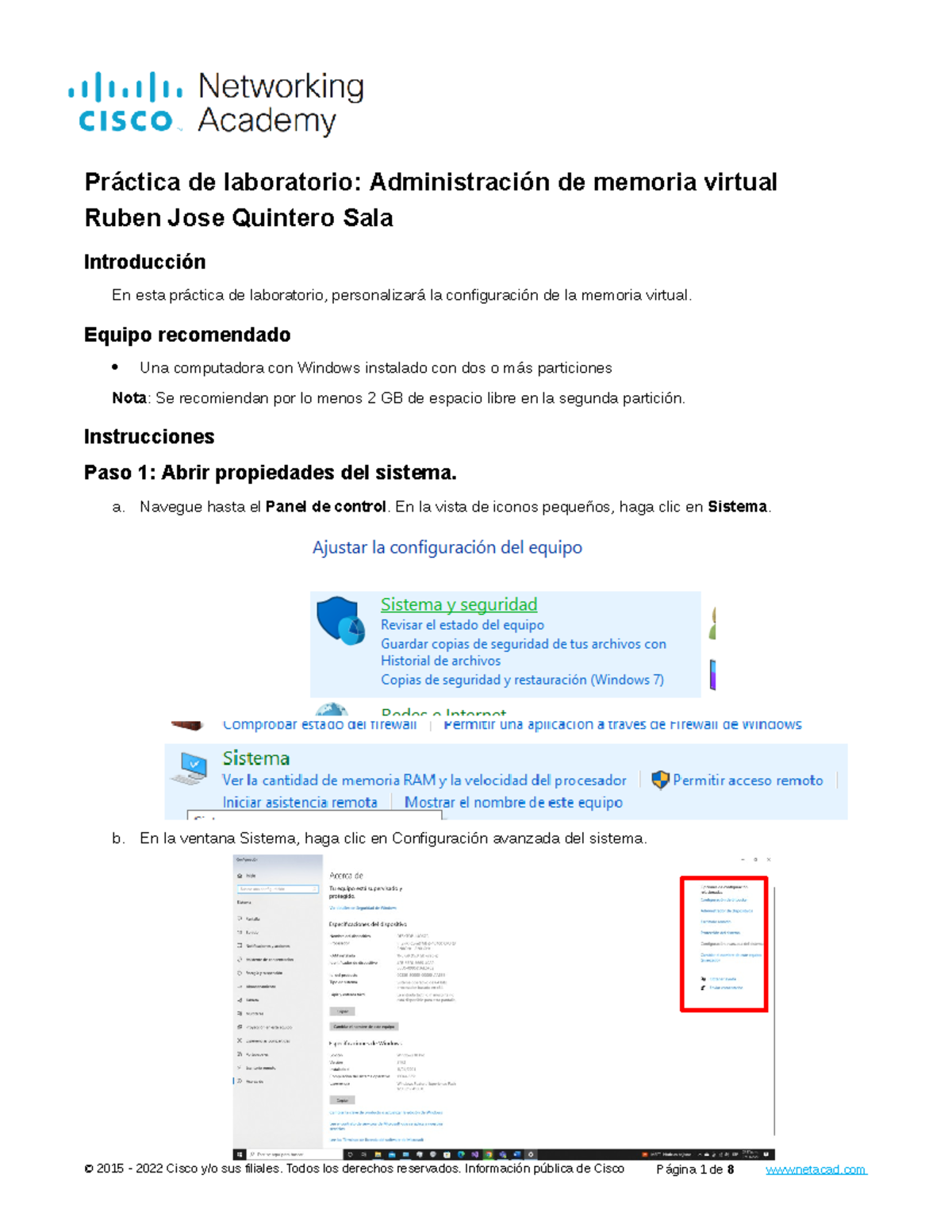 11.2.5.8 Lab - Manage Virtual Memory - 2015 - 2022 Cisco y/o sus filiales. Todos los derechos ...