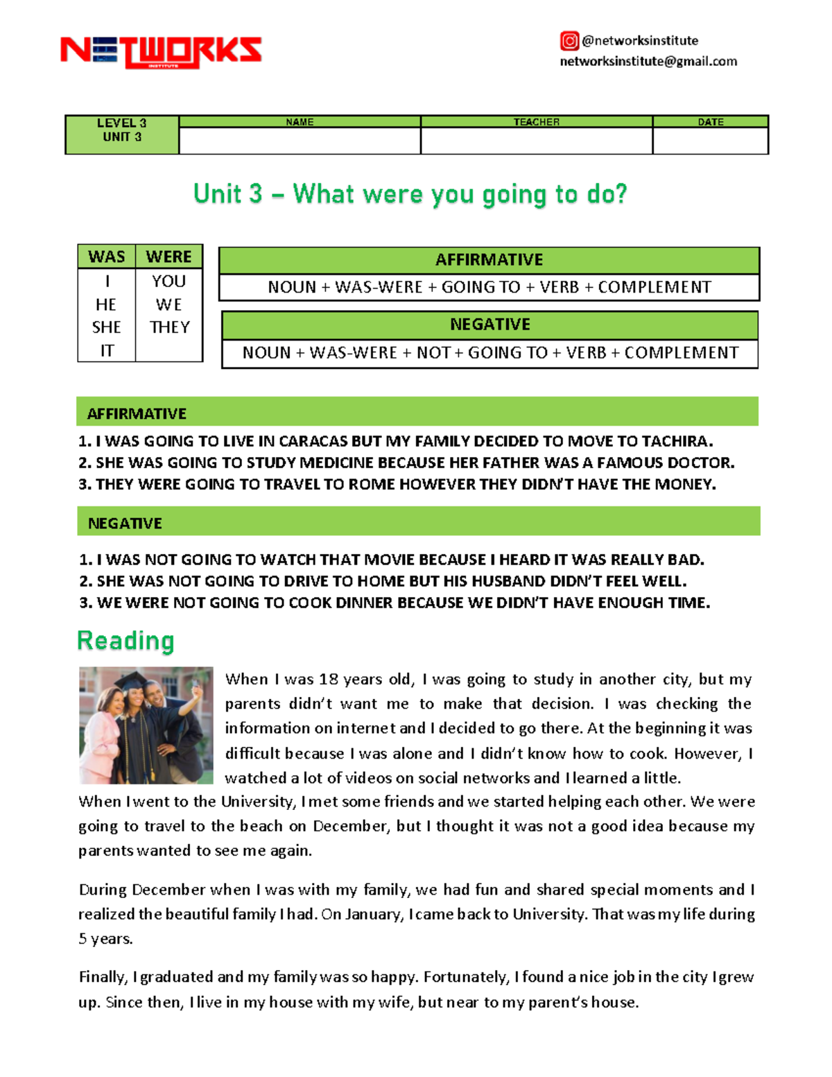 UNIT 3 - WAS Going TO - LEVEL 3 UNIT 3 NAME TEACHER DATE WAS WERE I HE ...
