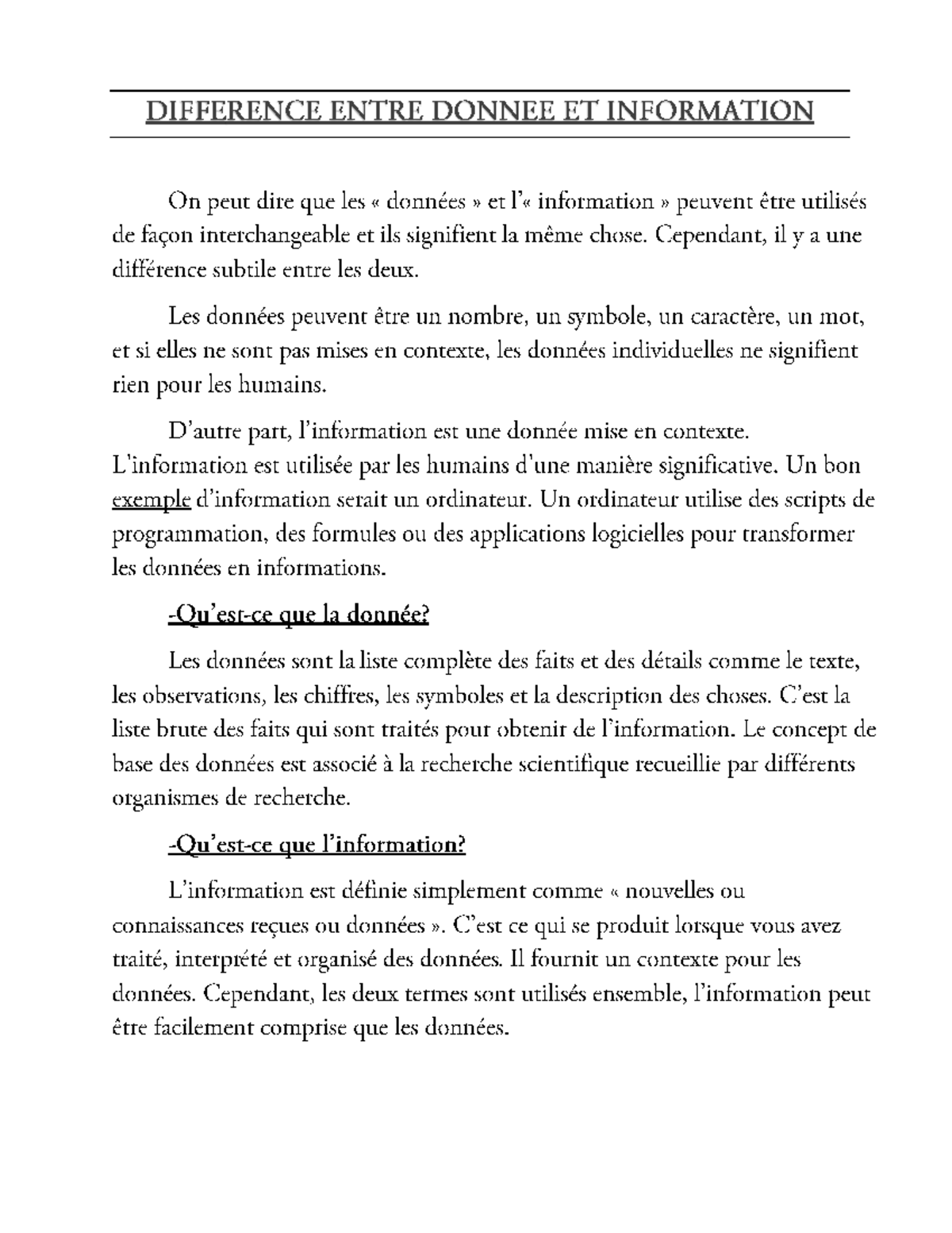 Différence entre donnée et information - Informatique - Studocu