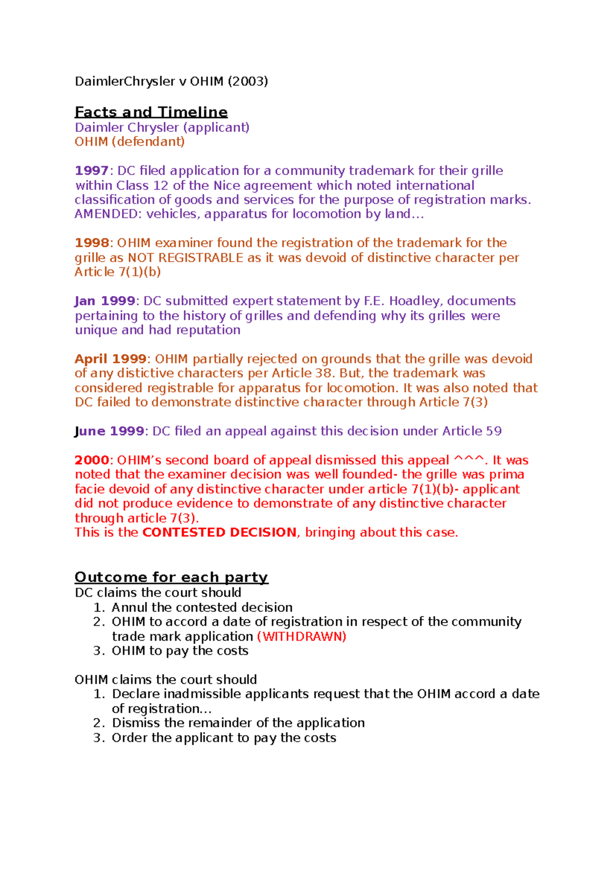 Daimler Chrysler v OHIM case summary - DaimlerChrysler v OHIM (2003 ...
