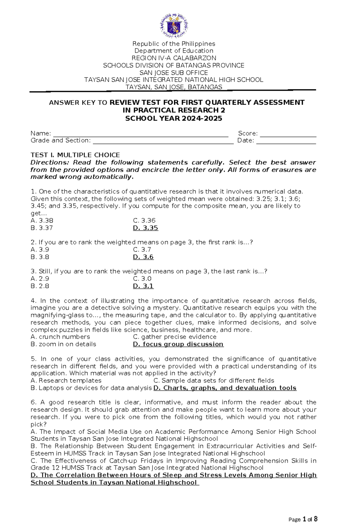 Answer-KEY Review TEST 1st-Quarterly-Assessment-PR2 - Republic of the ...