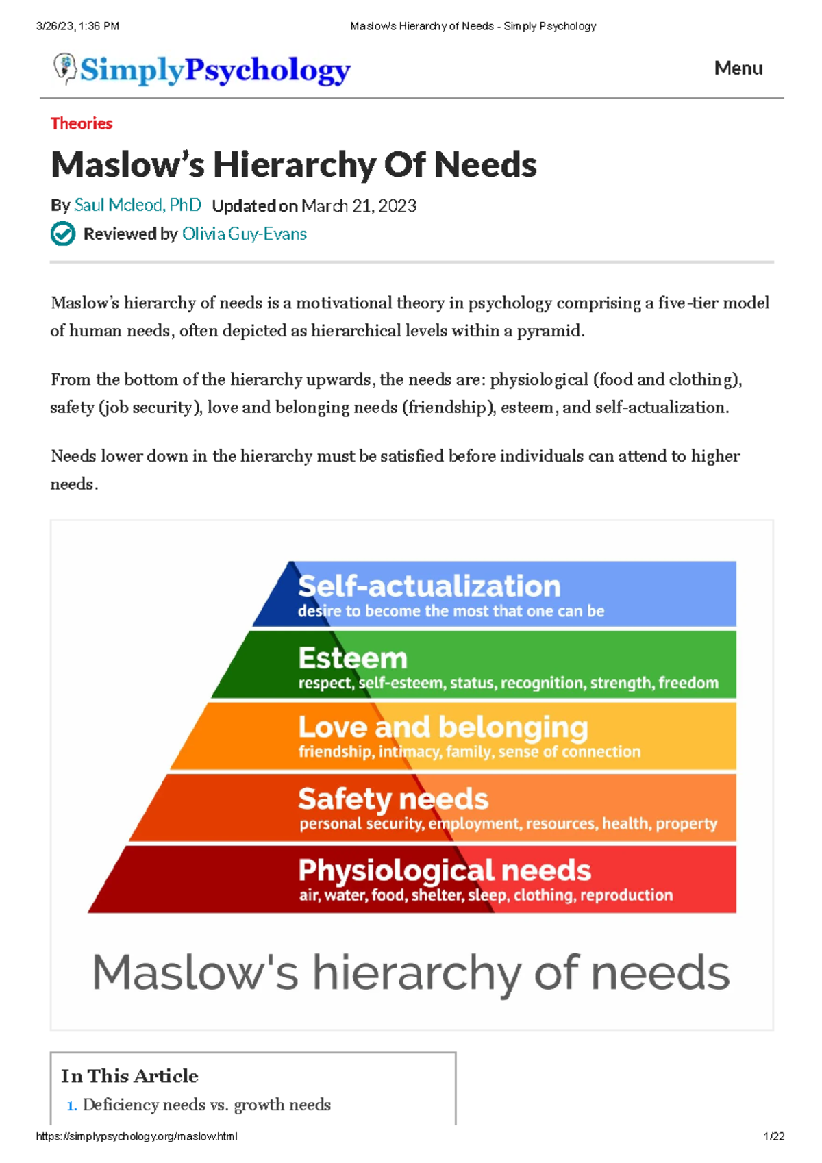 Maslow's Hierarchy of Needs - Simply Psychology - Theories Maslow’s ...