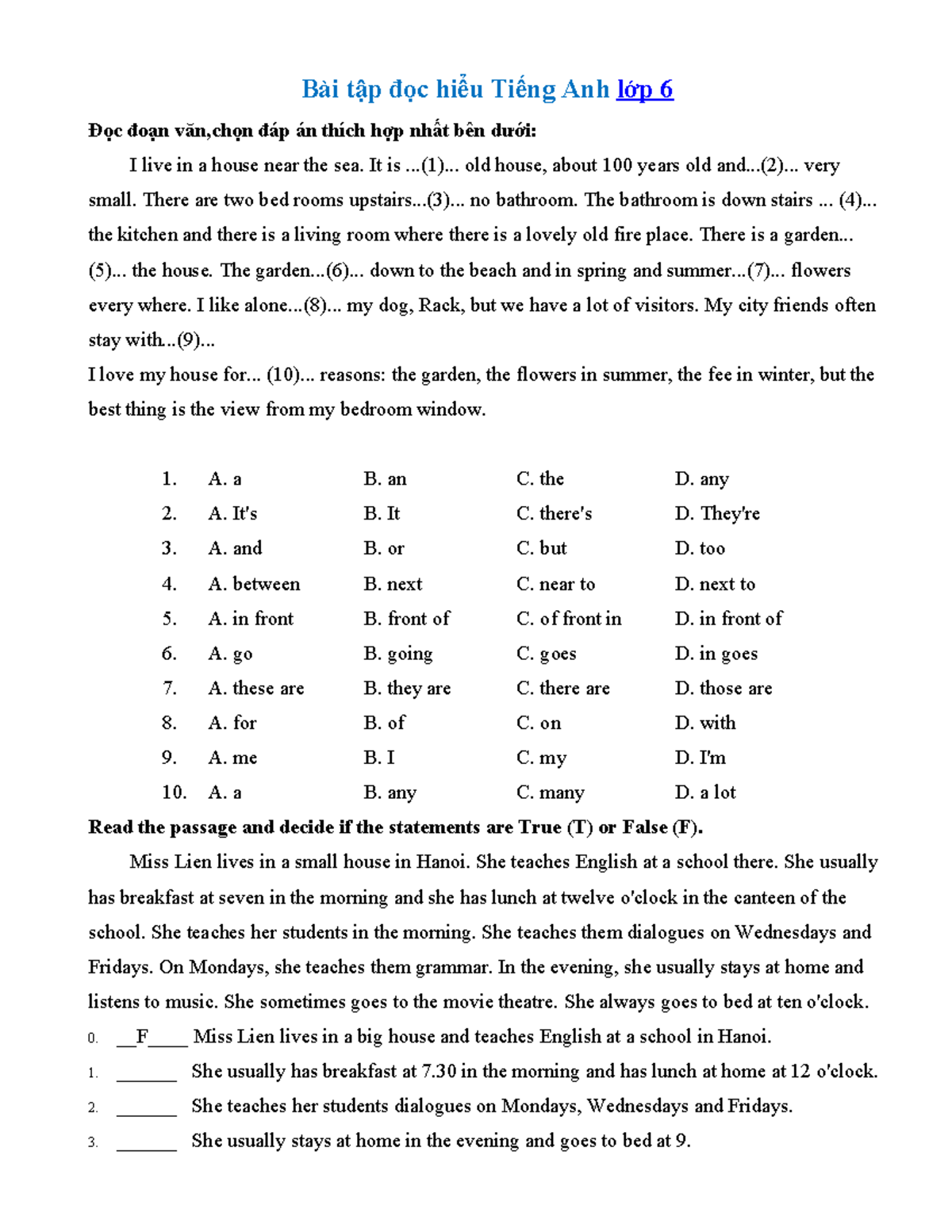 Bai tap doc hieu mon tieng anh - Bài tập đọc hiểu Tiếng Anh lớp 6 Đọc ...