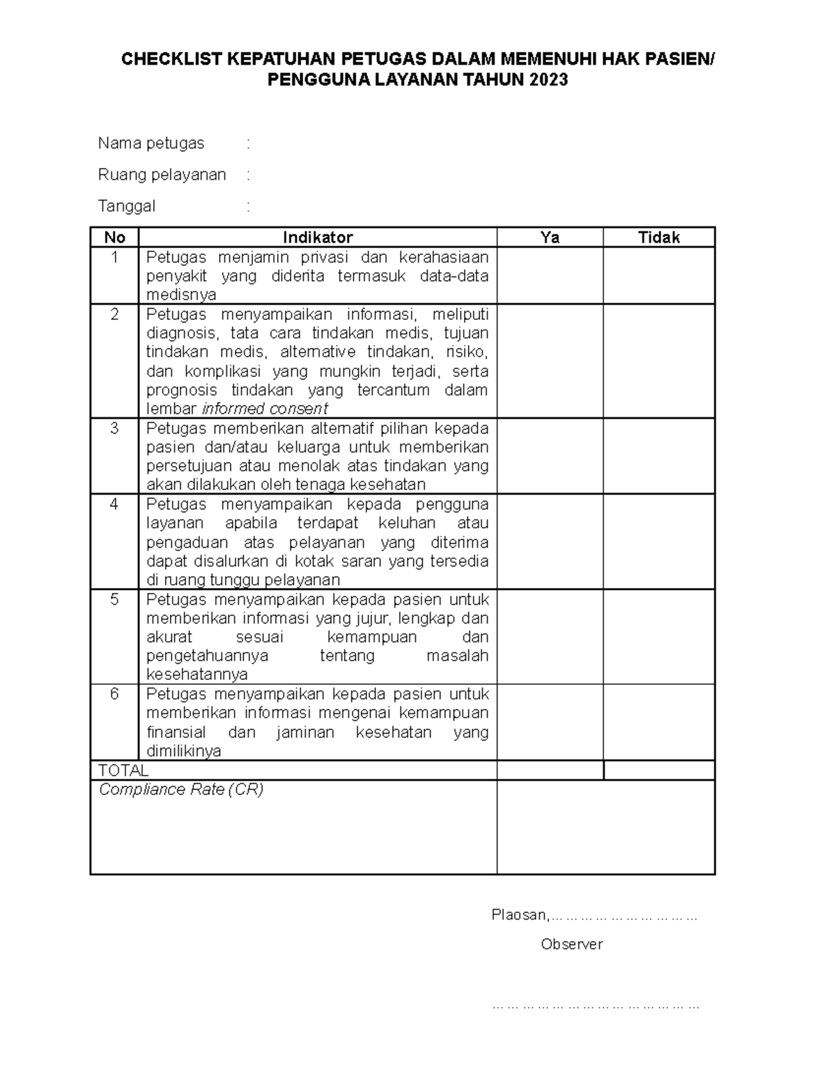 Checklist Kepatuhan Petugas Dalam Memenuhi HAK Pasien - CHECKLIST KEPATUHAN PETUGAS DALAM ...