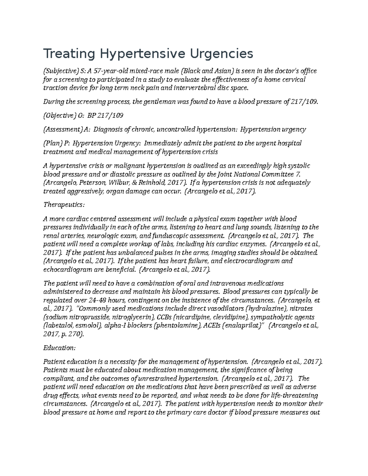 Soap Note Treating Hypertensive Urgencies - Treating Hypertensive ...