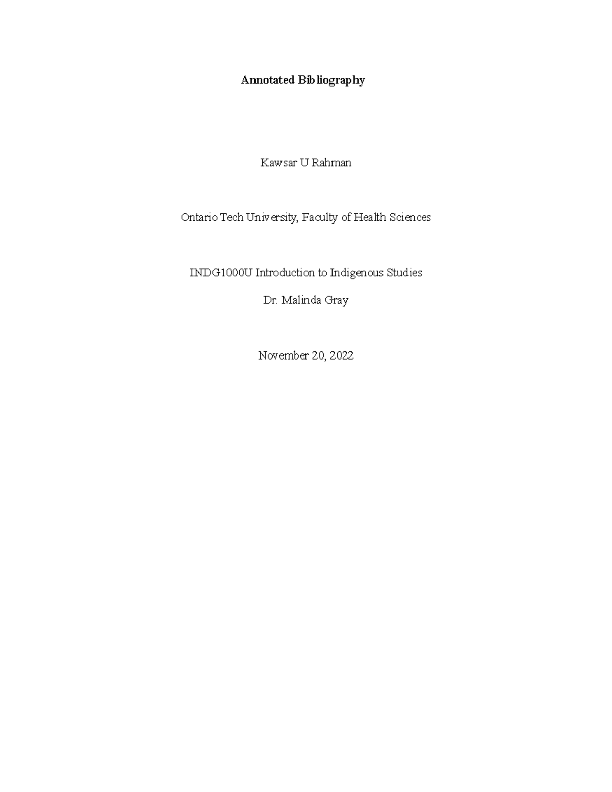 Annotated Bibliography - Annotated Bibliography Kawsar U Rahman Ontario ...