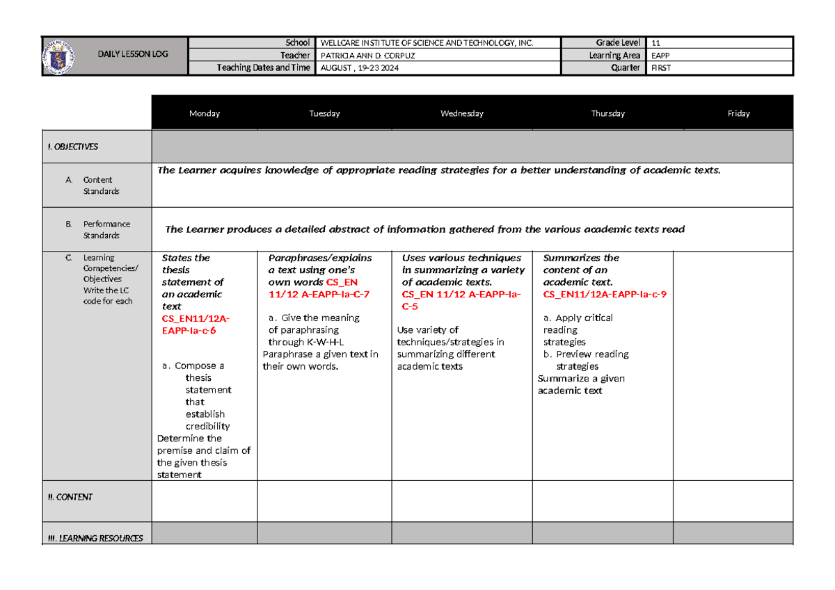Week3 - week 3 dll in eapp - DAILY LESSON LOG School WELLCARE INSTITUTE OF SCIENCE AND ...