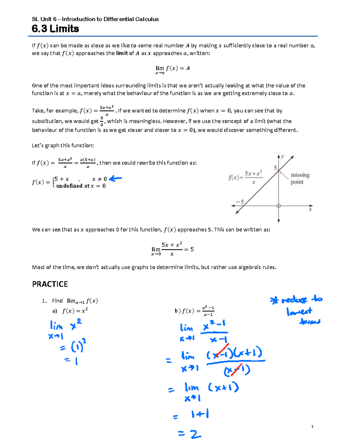 6.3 Limits - unfilled yet extremely helpful - SL Unit 6 – Introduction to Differential Calculus ...