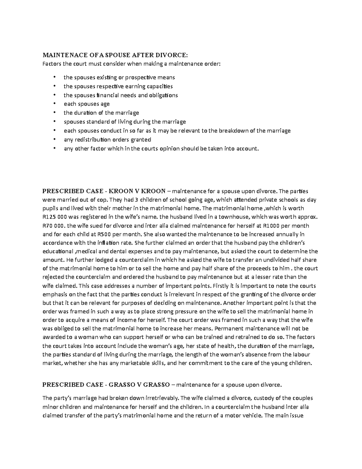 Family Law. Module 3 - MAINTENACE OF A SPOUSE AFTER DIVORCE: Factors ...