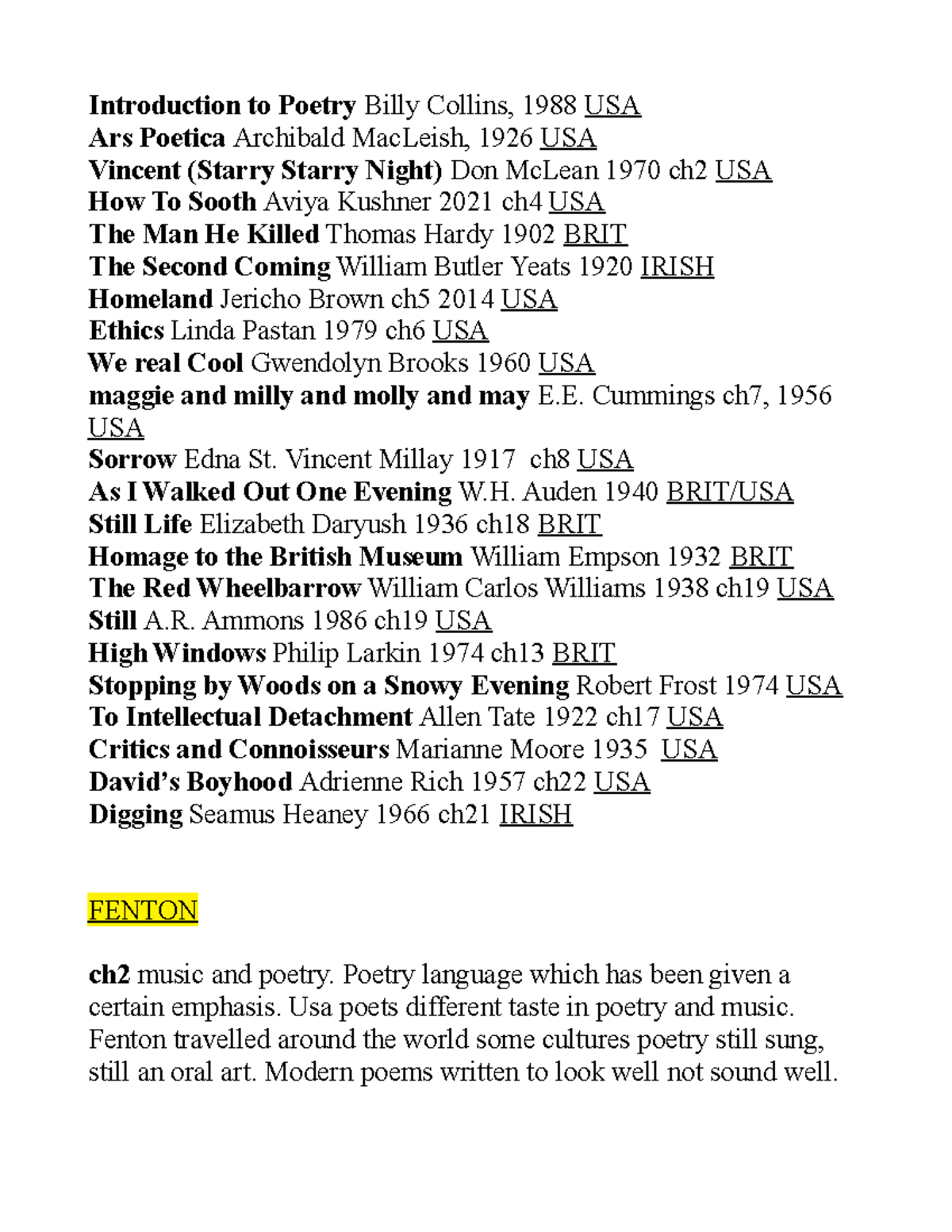 Riassunto poetry final - Introduction to Poetry Billy Collins, 1988 USA ...