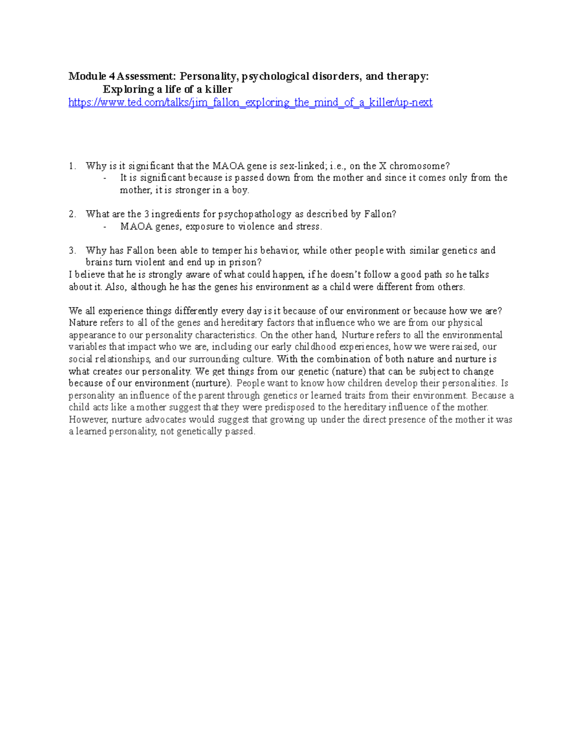 Module 4 Assessment - Module 4 Assessment: Personality, psychological ...