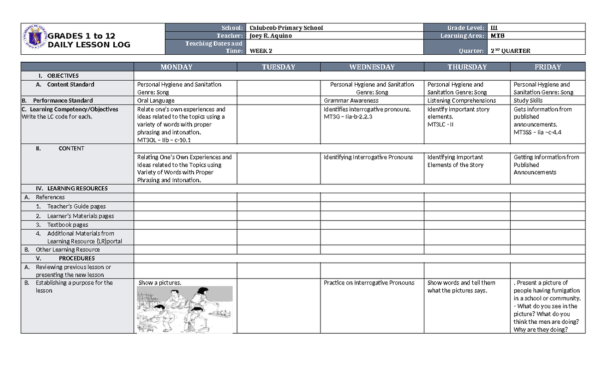 DLL MTB-3 Q2 W2 - GRADES 1 to 12 DAILY LESSON LOG School: Calubcob ...