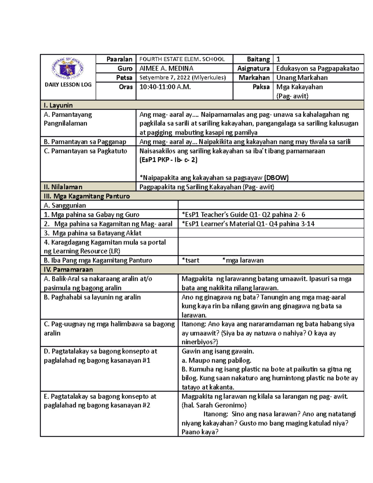 C - DAILY LESSON PLANS - DAILY LESSON LOG Paaralan FOURTH ESTATE ELEM ...