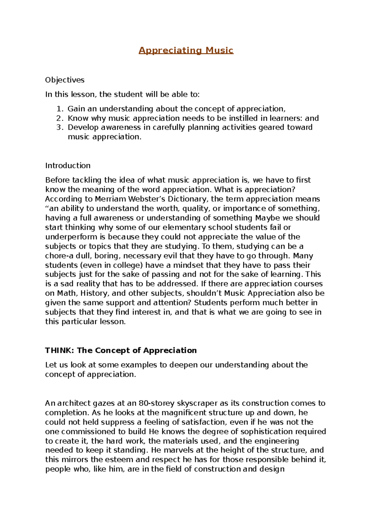 Topic: Appreciating Music - Appreciating Music Objectives In this ...