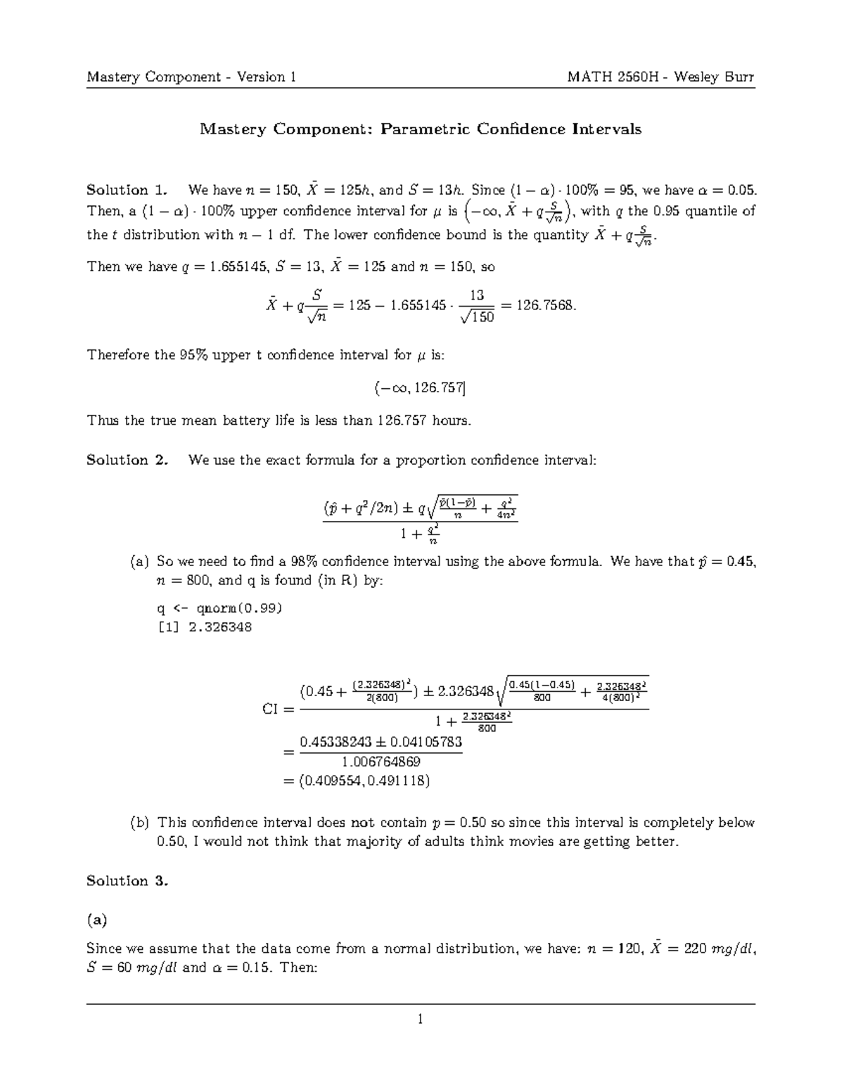 2560WI21 Parametric CI v1 sol - Mastery Component: Parametric Confidence Intervals Solution 1 ...