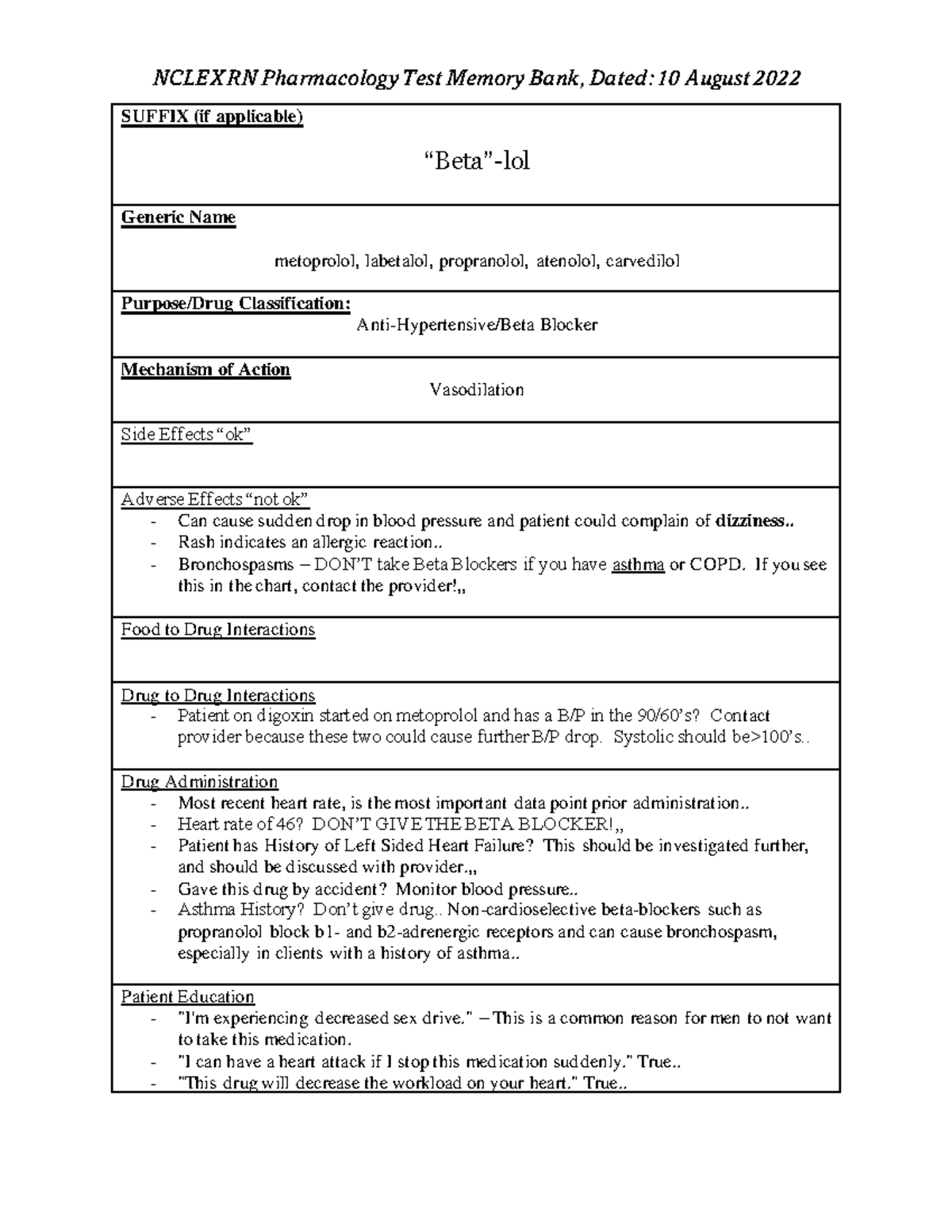 Drugs for N316 2022 - NCLEX RN Pharmacology Test Memory Bank, Dated: 10 ...