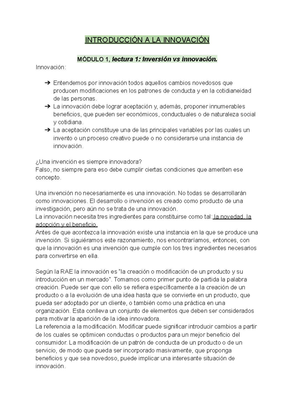 Intro a la innovacion M1 Y M2 - INTRODUCCIÓN A LA INNOVACIÓN MÓDULO 1, lectura 1: Inversión vs ...